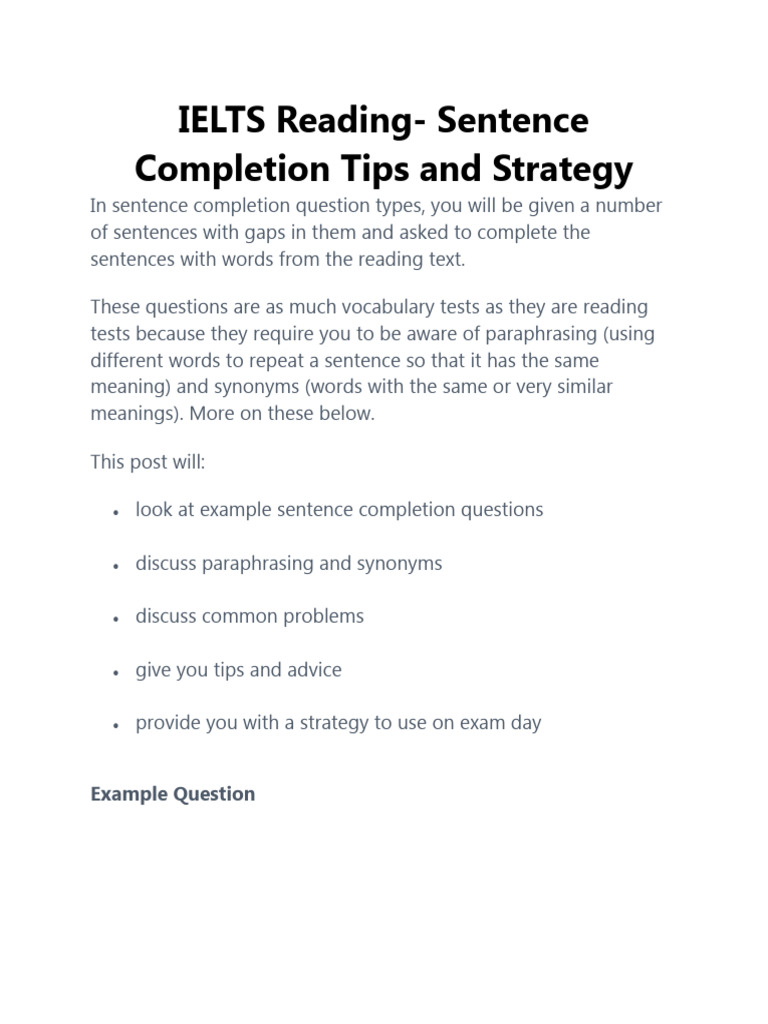 IELTS Reading Sentence Completion | PDF | International English ...