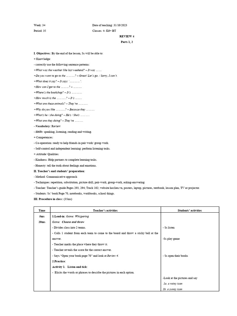 Review 4 Lesson Plan for K6+ BT | PDF | Lesson Plan | Learning