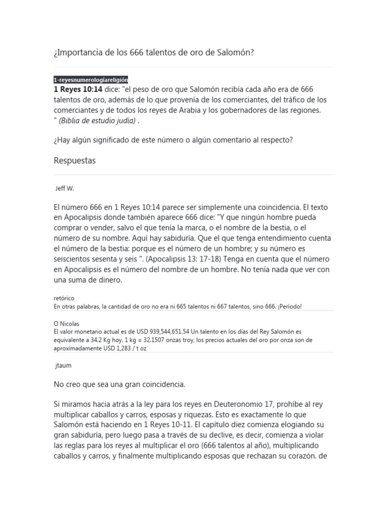 Importancia de Los 666 Talentos de Oro de Salomón | PDF | Número de la ...
