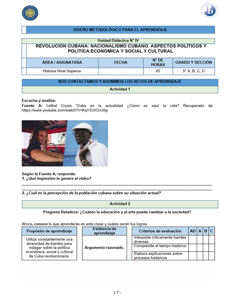 Arcana Ugarte Nancy - Dmpa 14 Historia - 5to - 4 Unidad - 2 Bim | PDF | Cuba | Fidel Castro