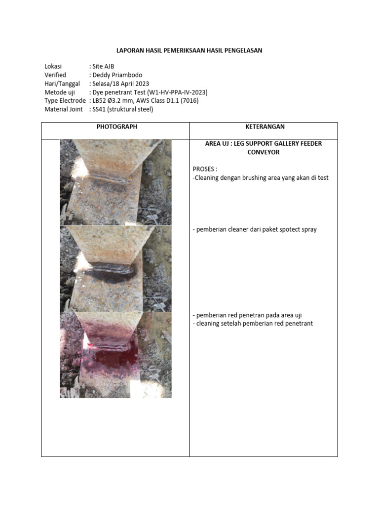 PEMERIKSAAN HASIL PENGELASAN (dye Penetrant Test) 18 April 2023 | PDF