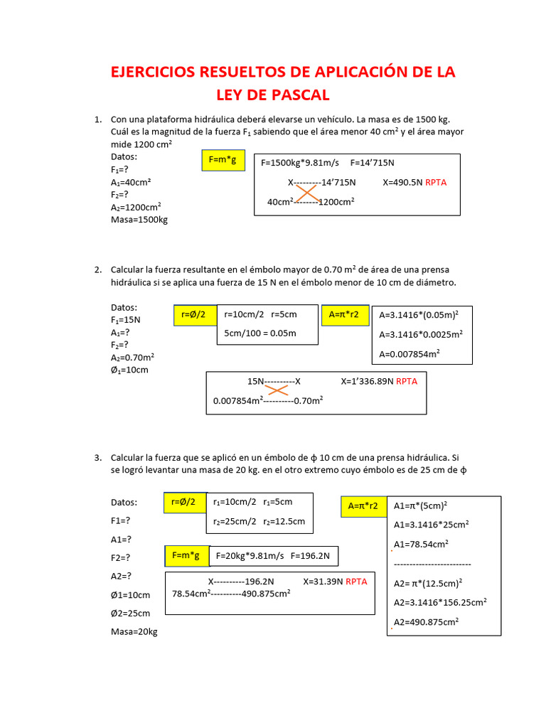 Mau I - Ciclo - Hidraulica y Neumatica - Solucion de Ejercicios de Ley de Pascal | PDF