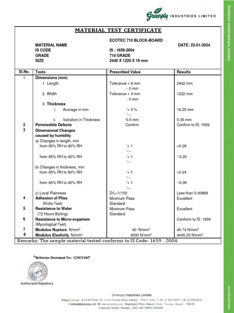 ECOTEC 710 Block-Board Test Certificate | PDF | Engineering Tolerance ...