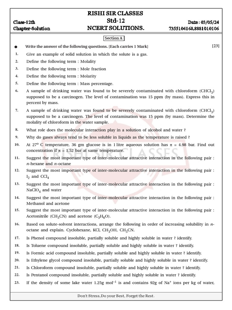 Ncertsolutions. d03 May 2024 | PDF | Solubility | Chemical Substances