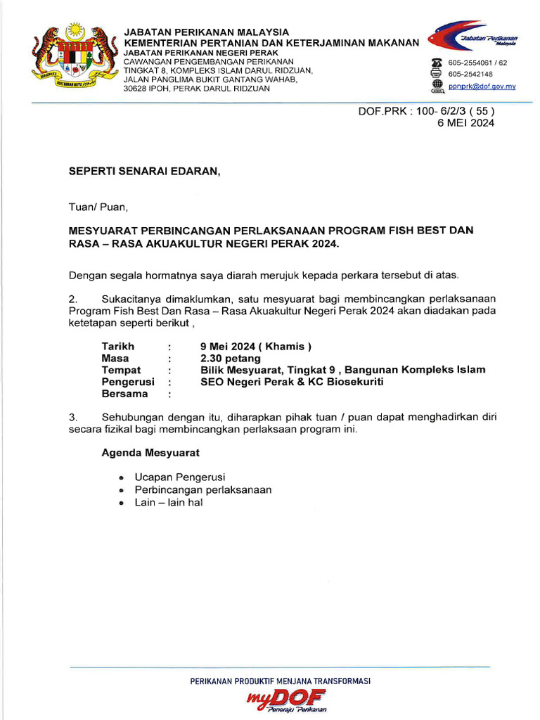 Mesyuarat Perbincangan Perlaksanaan Program Fish Best Dan Rasa Rasa Akuakultur Negeri Perak 2024 ...