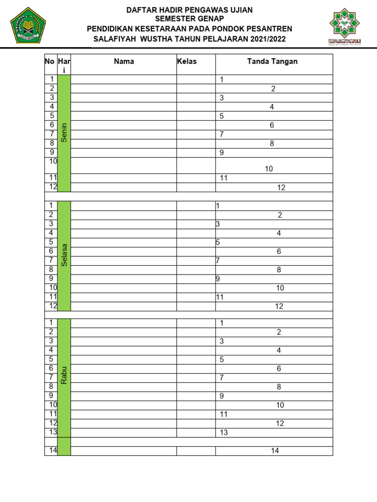 Daftar Hadir Pengawas Ujian Sekolah | PDF