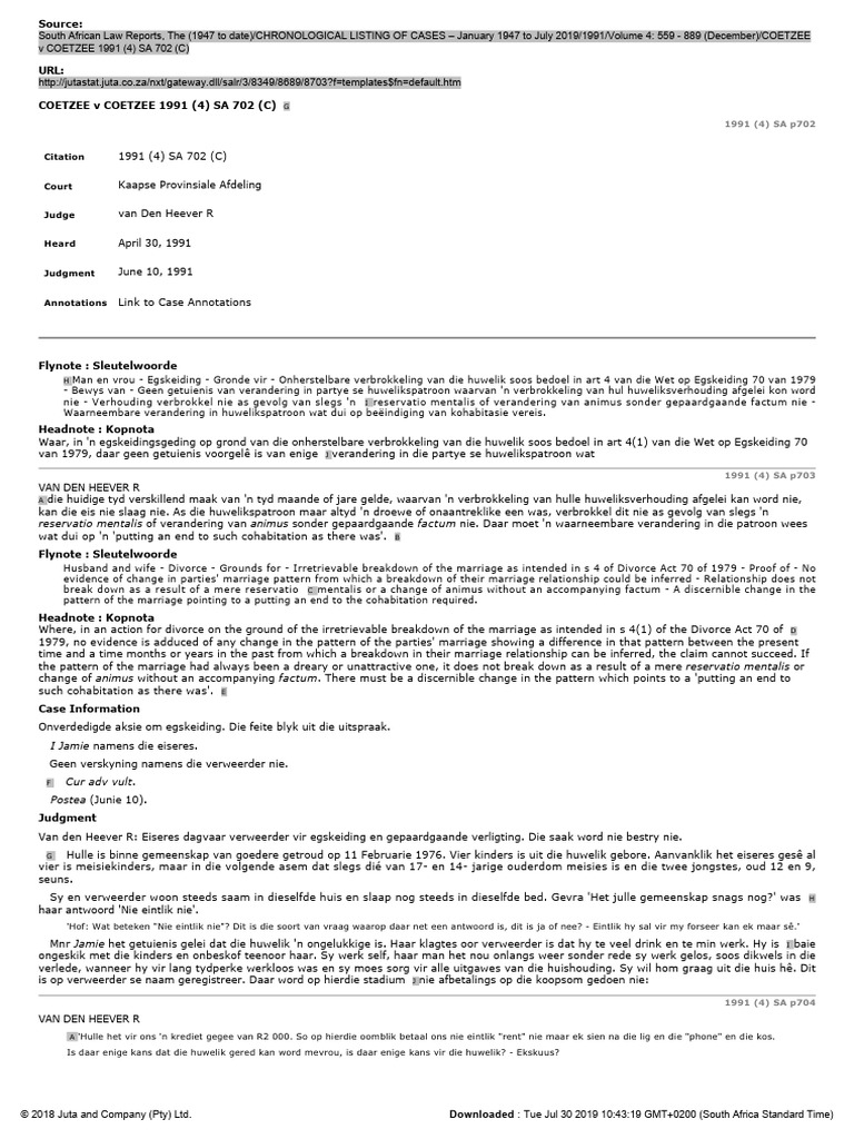 COETZEE V COETZEE 1991 (4) SA 702 (C) | PDF