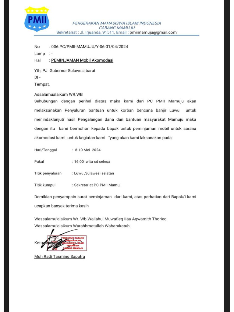 Surat Peminjaman Mobil PMII | PDF