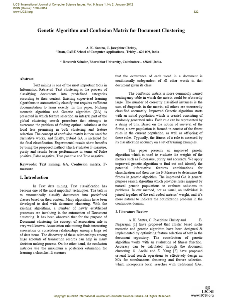 Genetic Algorithm and Confusion Matrix For Document Clustering | PDF | Cluster Analysis ...