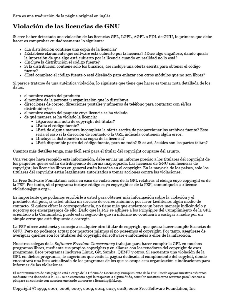 Violación de Las Licencias de GNU - Proyecto GNU - Free Software Foundation | PDF | Desarrollo ...