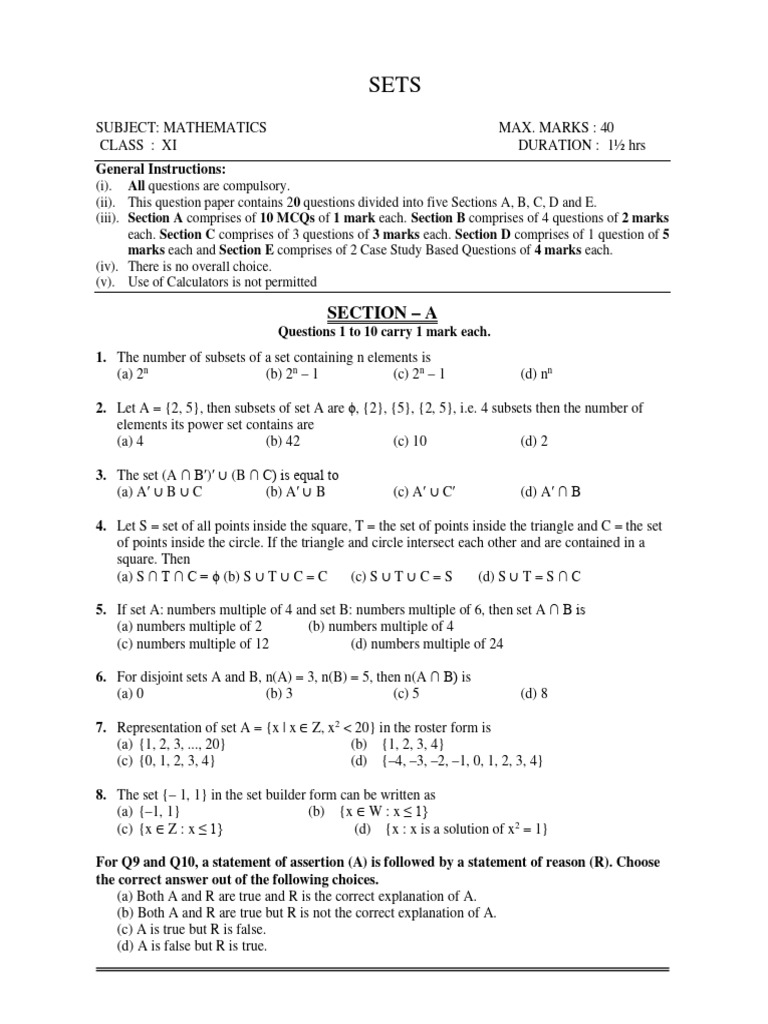 XI Sets 1 | PDF | Mathematics | Mathematical Concepts