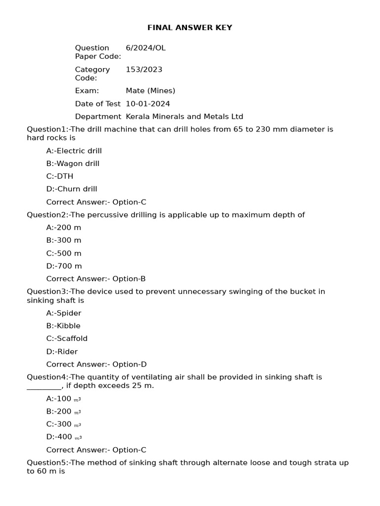 Final Answer Key Mate Mines | PDF | Drill | Mining