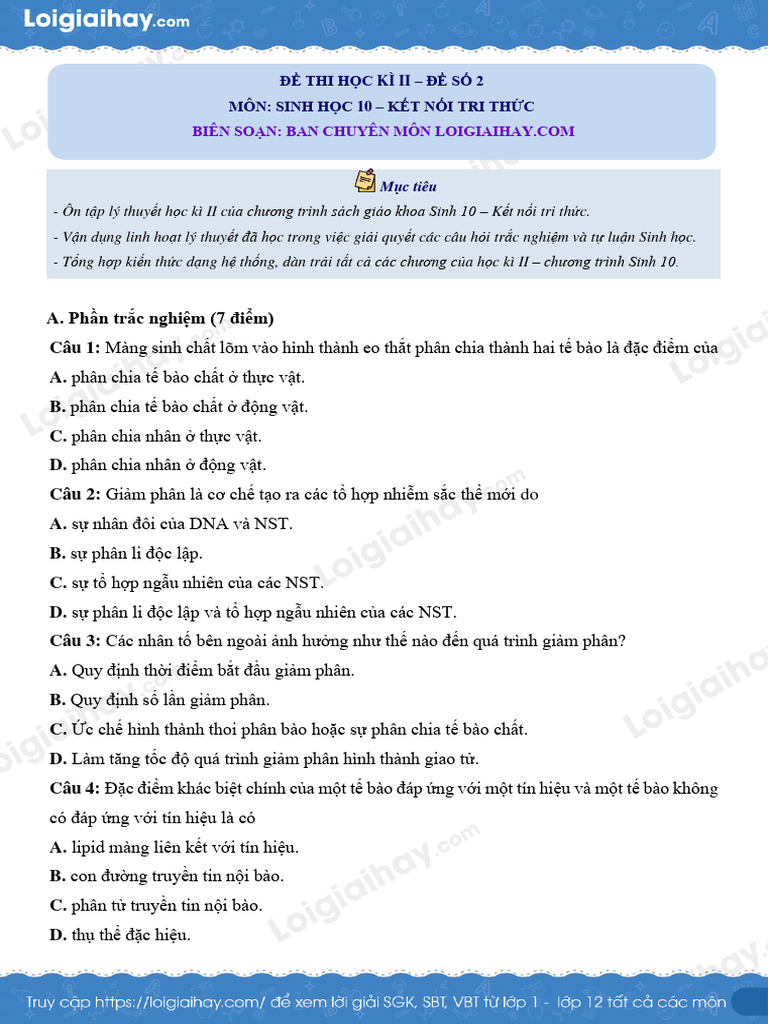 De Thi Hoc Ki 2 Sinh 10 Ket Noi Tri Thuc de So 2 1680315260 | PDF