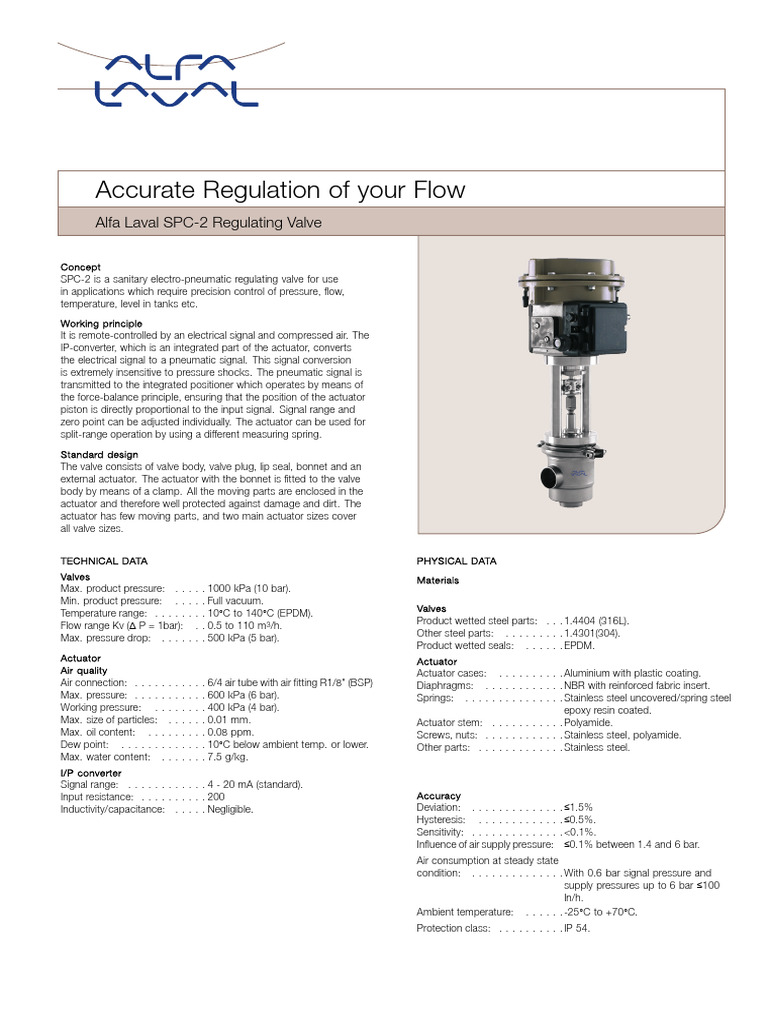 Alfa Laval SPC 2 Regulating Valve Product Leaflet | PDF | Valve | Actuator