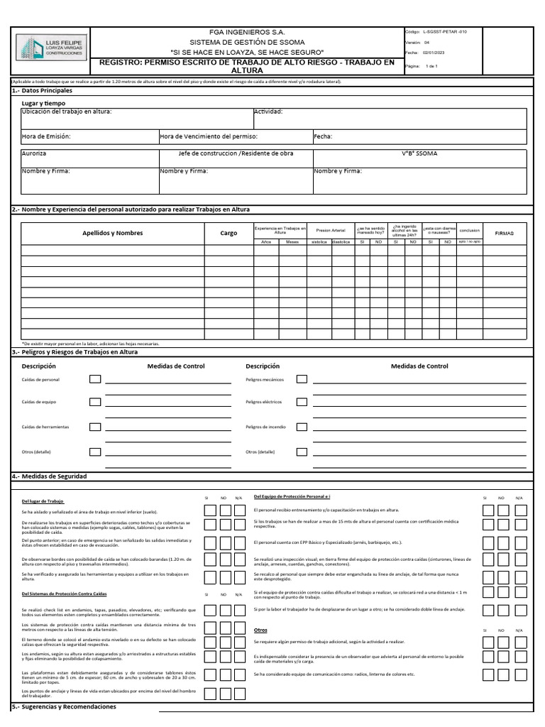 FGA-SGSST-PETAR - 010 PERMISO TRABAJO DE ALTO RIESGO (PTAR) - Trabajo en Altura | PDF