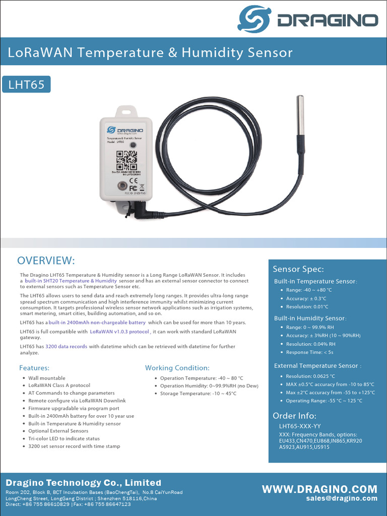 LoRaWAN LHT65 Temp & Humidity Sensor | PDF | Wireless | Computing