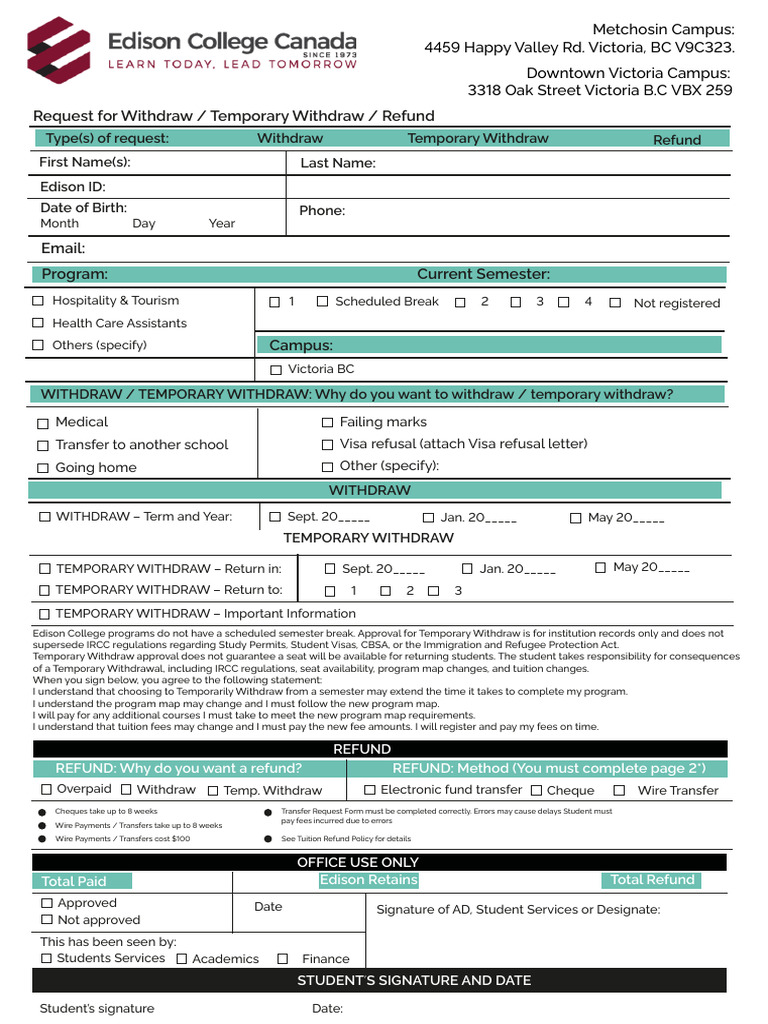 Sample Tuition Refund Form | PDF | Cheque | Wire Transfer