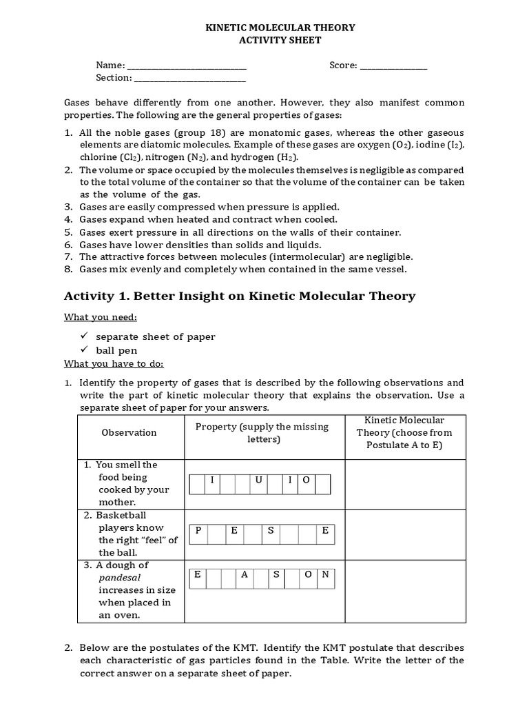 KINETIC-MOLECULAR-THEORY-ACTIVITY-SHEET | PDF | Gases | Molecules