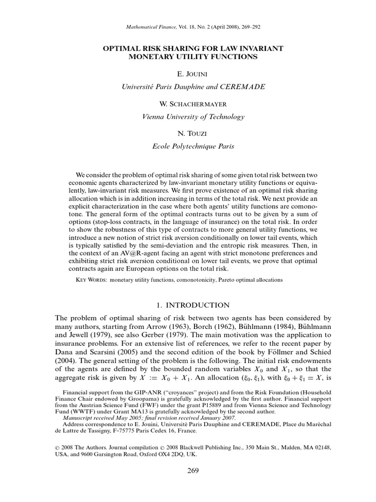 Mathematical Finance - 2008 - Jouini - OPTIMAL RISK SHARING FOR LAW ...
