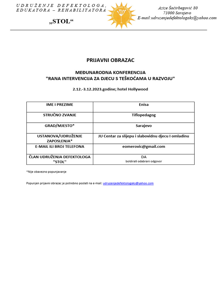 Prijavni Obrazac - Rana Intervencija | PDF