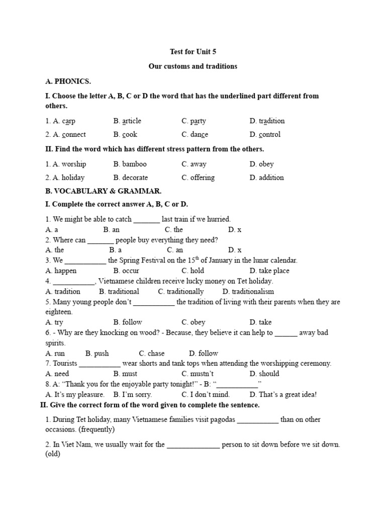Unit 5- Our customs and traditions- test 1 | PDF