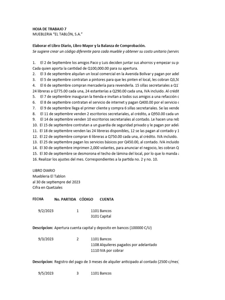 Hoja de Trabajo 7 - Muebleria El Tablon S.A. - Libro Diario Mayor y Balanza de Comprobaci N | PDF