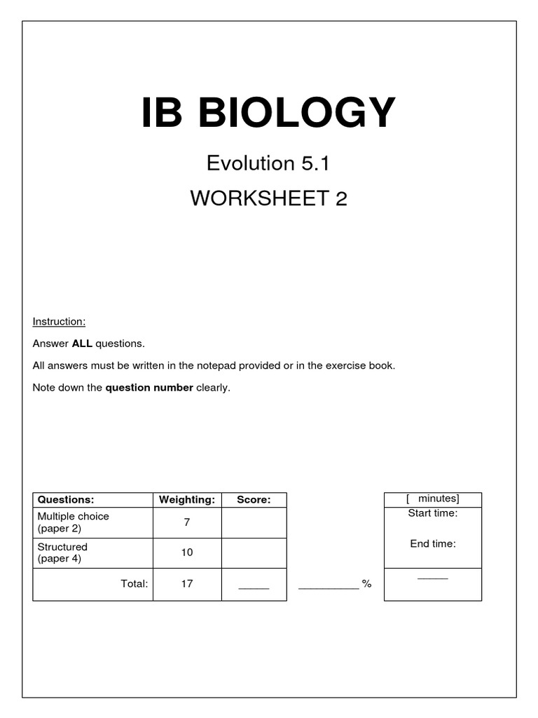 IB Biology Evolution Worksheet 5.1 | PDF