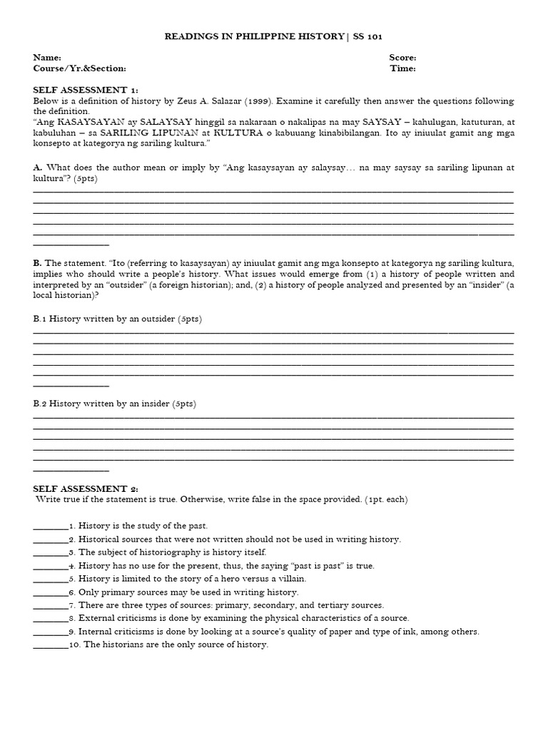 READINGS IN PHILIPPINE HISTORY Self Assessment 1 2 and Performance Task 1 | PDF | Liberal Arts ...