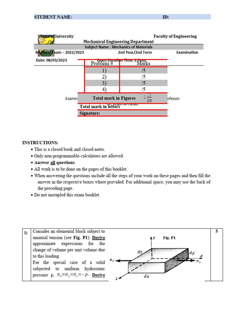 Mtexam1 Strength Of Materials 2022 2023ff Pdf Youngs Modulus