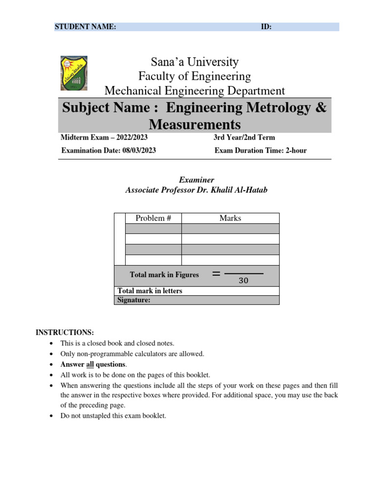 MTExam1 Engineering Metrology & Measurements 2022 2023 | PDF | Thermocouple | Damping