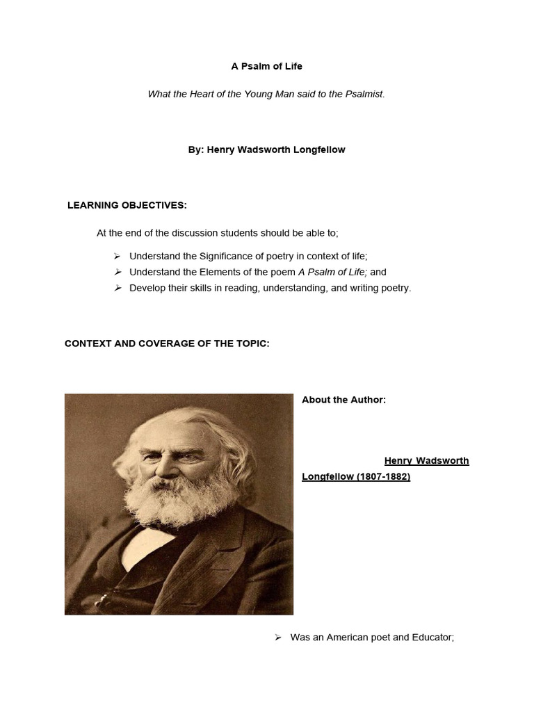 A Psalm of Life HANDOUT | PDF | Poetry | Henry Wadsworth Longfellow