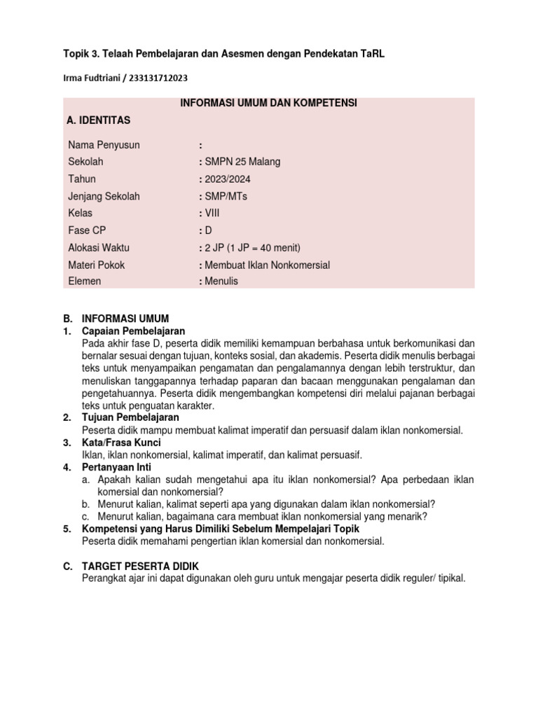 Modul Ajar Iklan Nonkomersial TaRL | PDF
