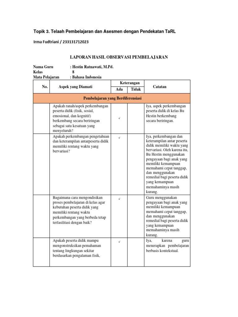 Observasi Penerapan Pembelajaran TaRL | PDF
