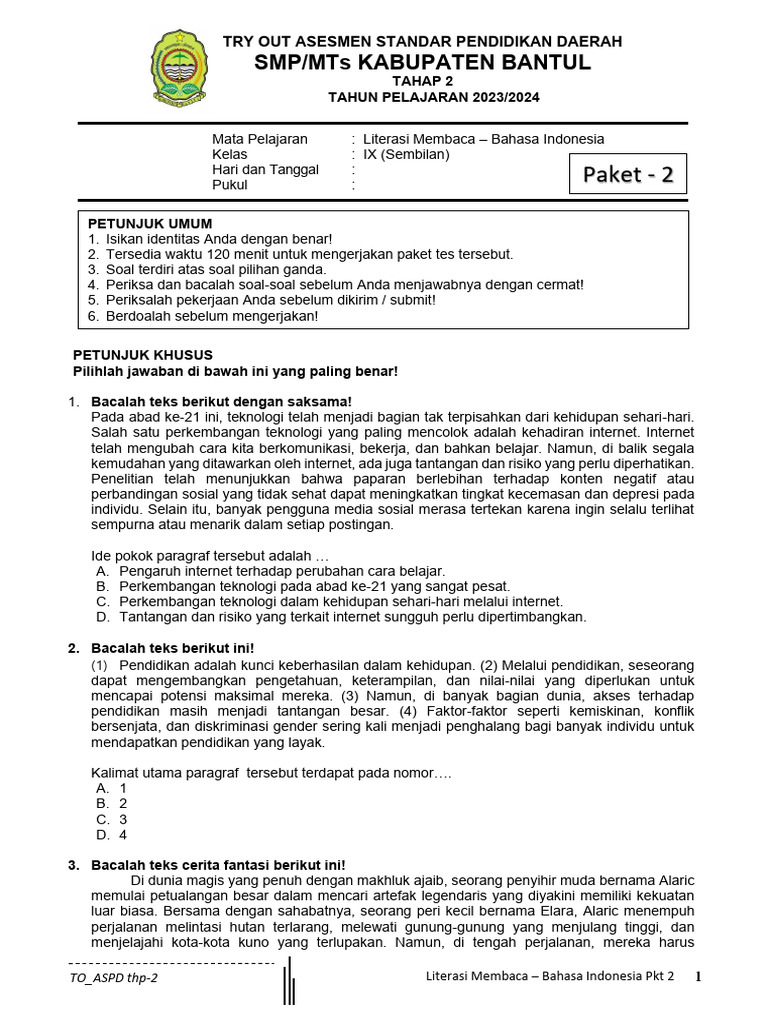 Literasi Membaca - Bahasa Indonesia PKT 2 | PDF