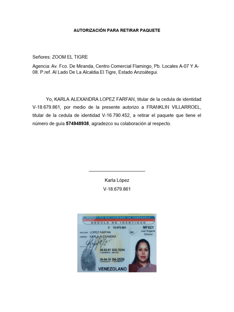 Autorización para Retirar Paquete | PDF