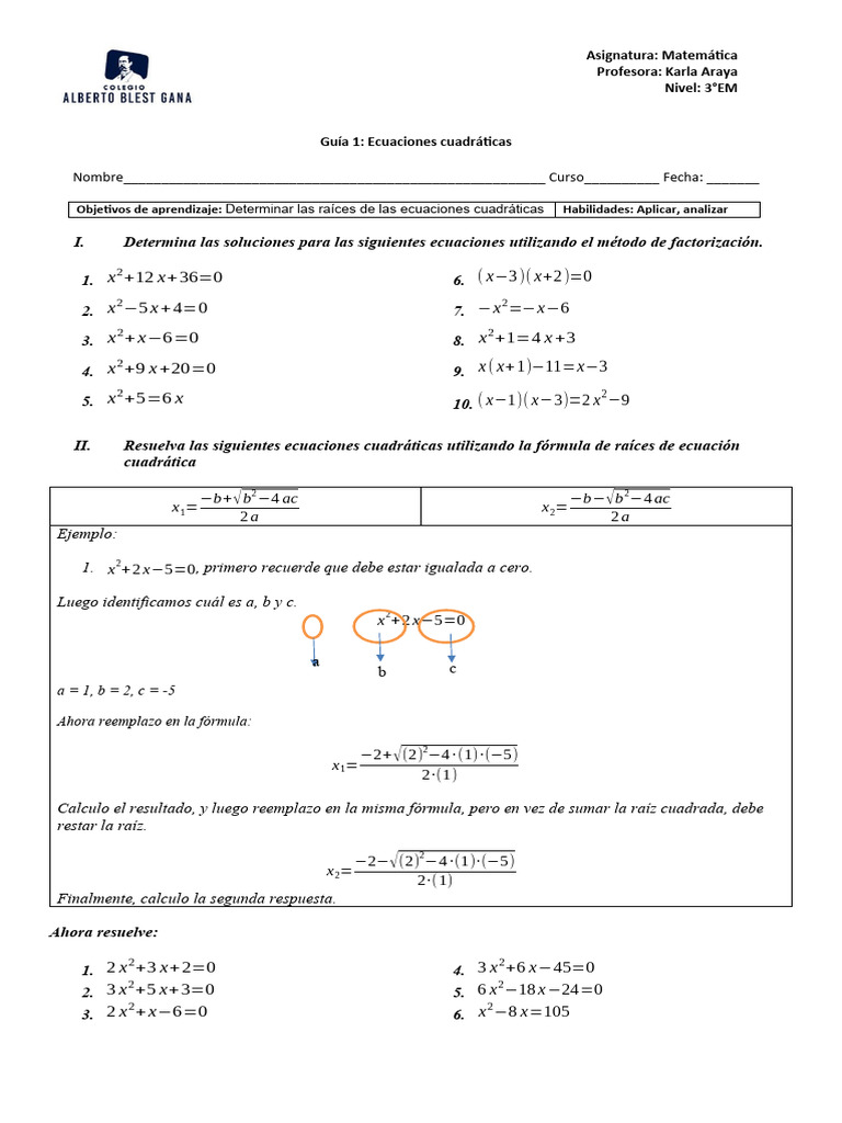 Guía Ecuación Cuadrática | PDF | Ecuación cuadrática | Ecuaciones