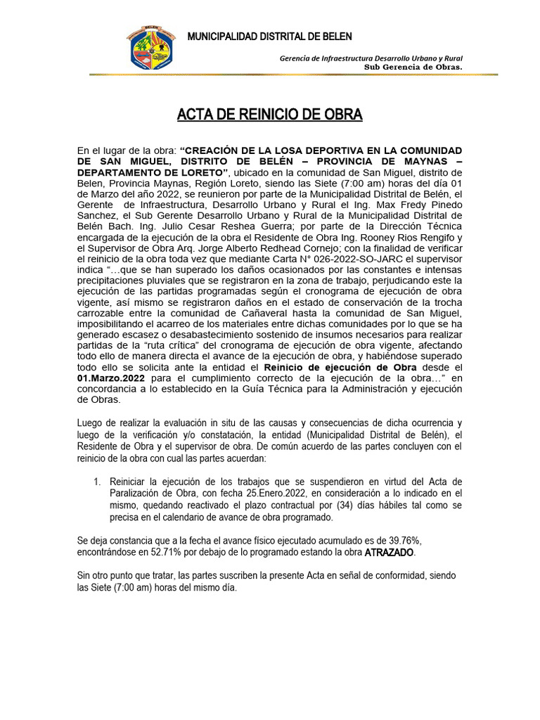 Acta de Reinicio de Obra | PDF