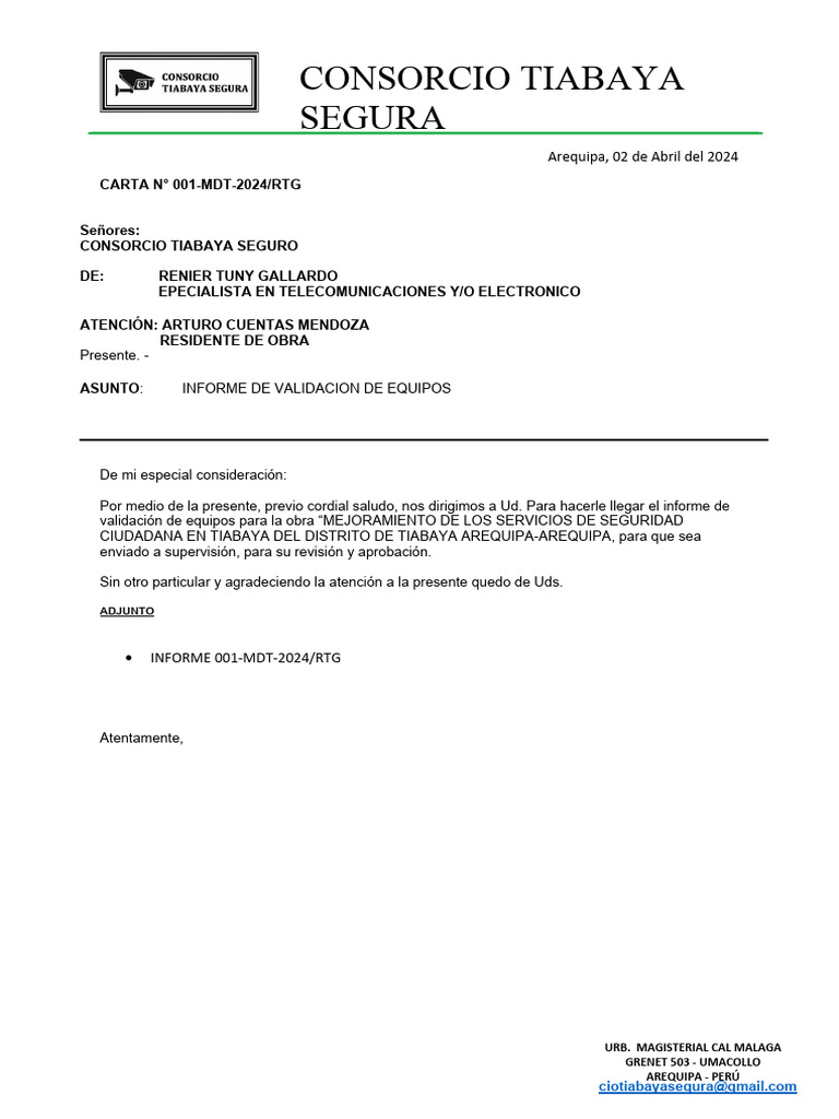 Carta #001-2024 Acm-Ro Cons - Tiabaya Segura-Validacion de Camaras | PDF