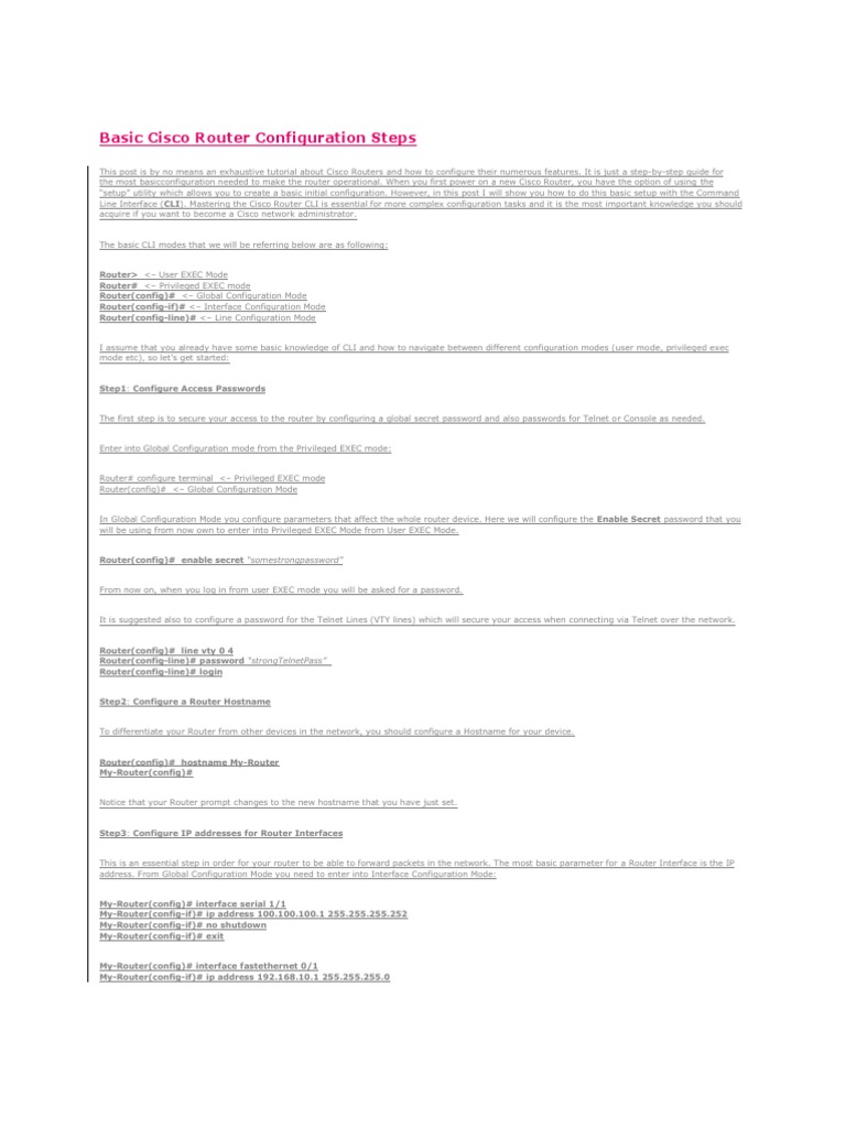 Basic Cisco Router Configuration Steps Pdf Ip Address Router Computing