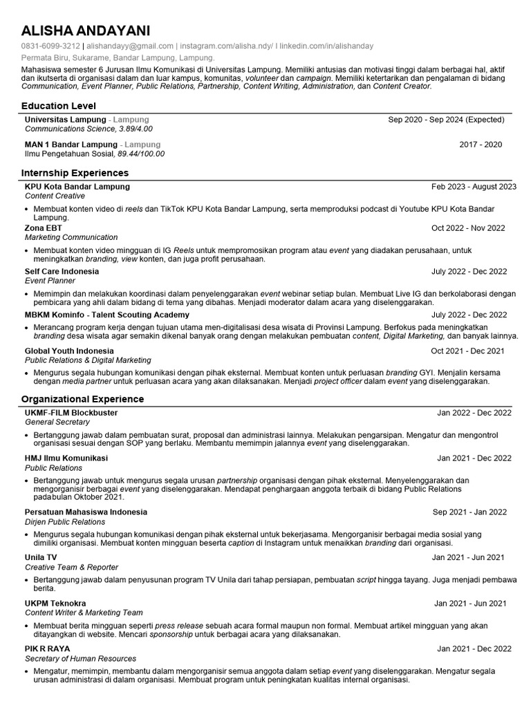 CV - Alisha Andayani | PDF | Seni