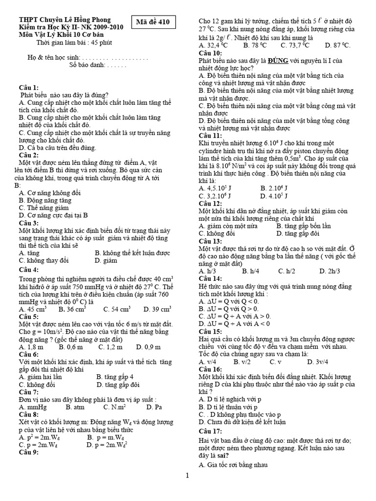 THPT CHUYÊN LHP TPHCM - ĐỀ THI VẬT LÝ 10 NK09-10 | PDF