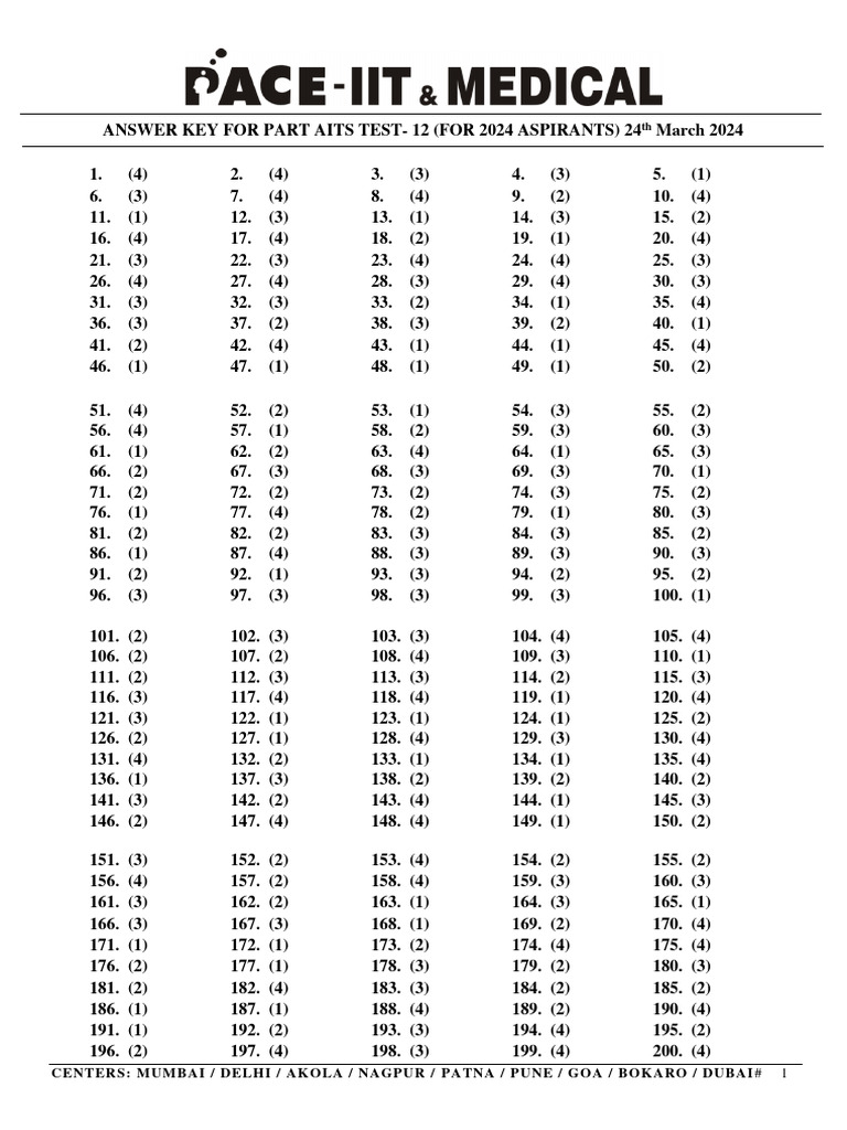 AITS Test 12 Answer Key for 2024 | PDF | Cofactor (Biochemistry ...