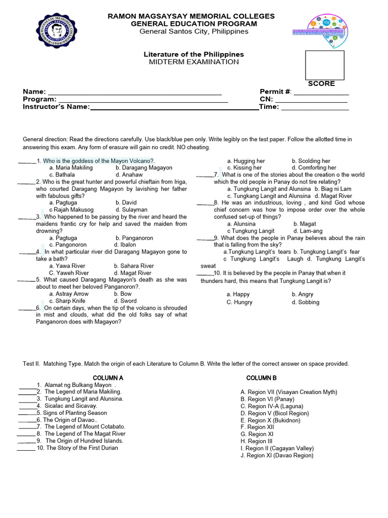 Test-PRELIM LIT1 | PDF | Mythology