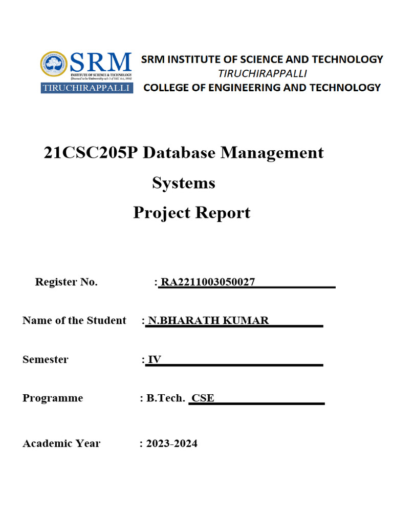 21CSC205P Database Management Systems Project Report: Register No.: RA2211003050027 | Download ...