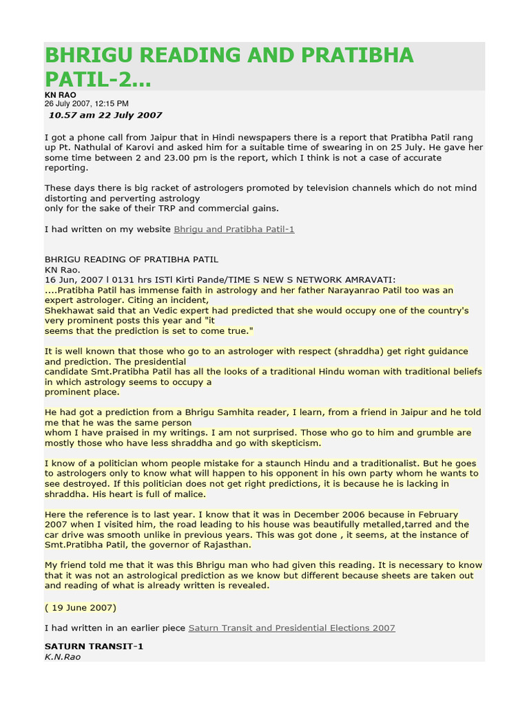 Bhrigu Reading and Pratibha Patil by K N Rao | PDF | Horoscope