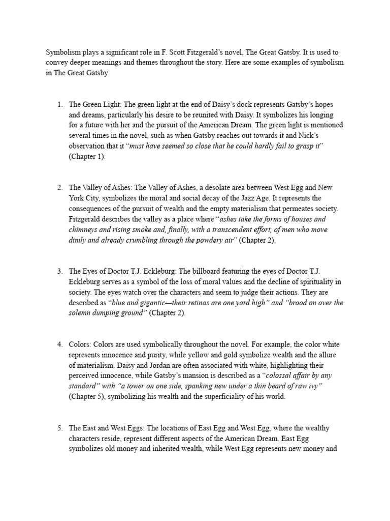 Use of Symbolism in The Great Gatsby | PDF | The Great Gatsby