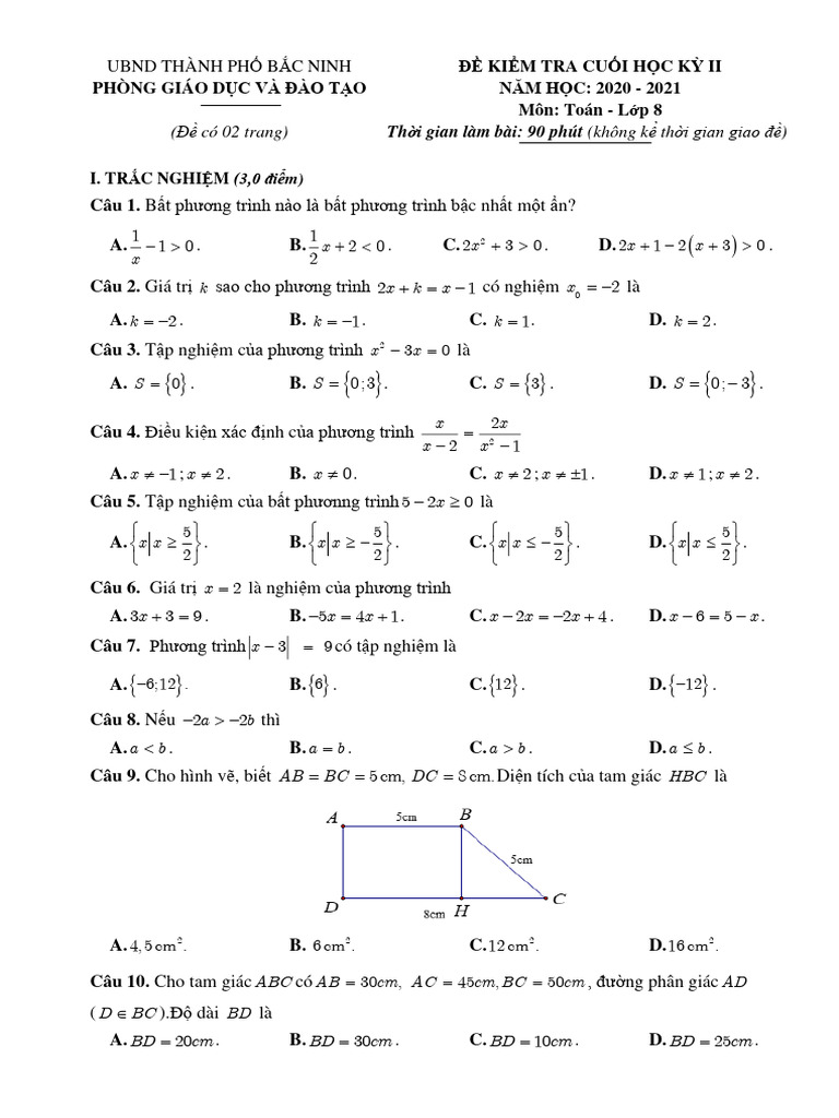De Kiem Tra Cuoi Hoc Ky 2 Toan 8 Nam 2020 2021 Phong GDDT Thanh Pho Bac Ninh | PDF