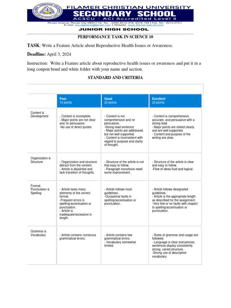 Performance Task in Science 10 Quarter 3 Final Rubric 110337 | PDF ...