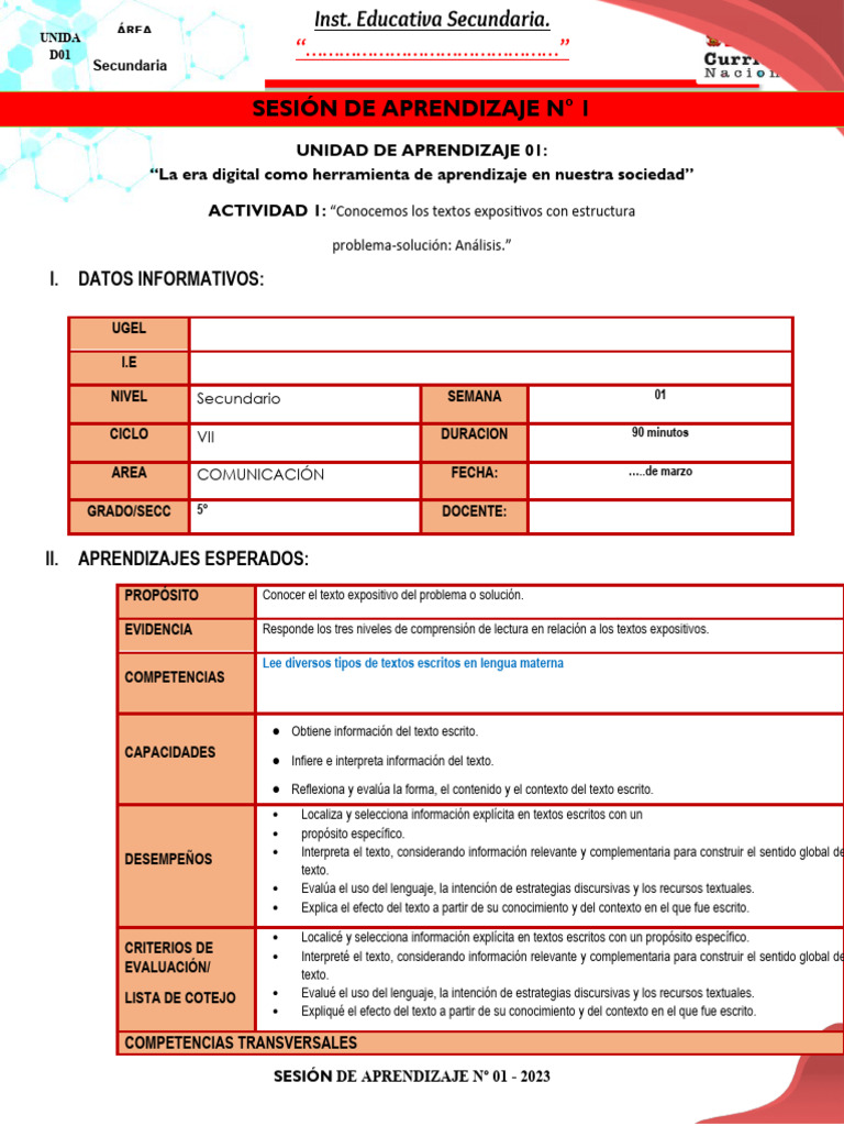 5º Com Ses 1 Uni 1 Sem 01 - 2022 | PDF | Aprendizaje | Maestros