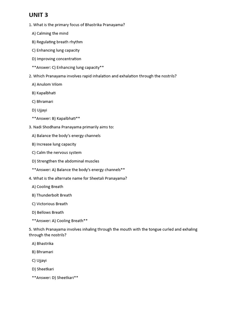 PE&Y UNIT 3 MCQs | PDF | Hatha Yoga | Asana